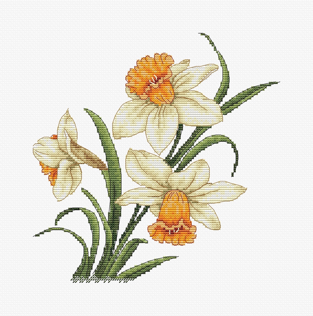 Daffodils Cross Stitch Pattern White Flowers Counted Xstitch Tutorial ...
