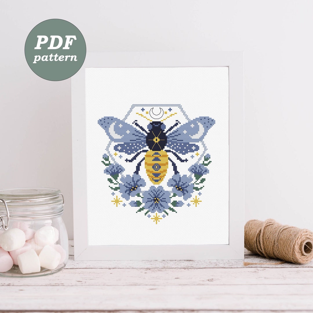 Cross Stitch Pattern Bee in a Floral Frame - Counted Cross Stitch Chart ...