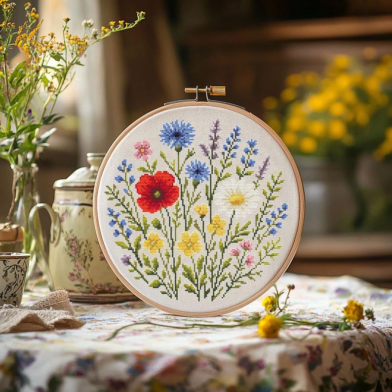 Wildflowers Circle Cross Stitch Pattern – Floral Botanical PDF - Etsy