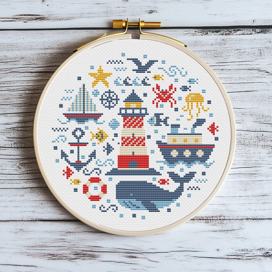 Nautical Cross Stitch Pattern PDF | Whale, Lighthouse, Boat Sampler ...