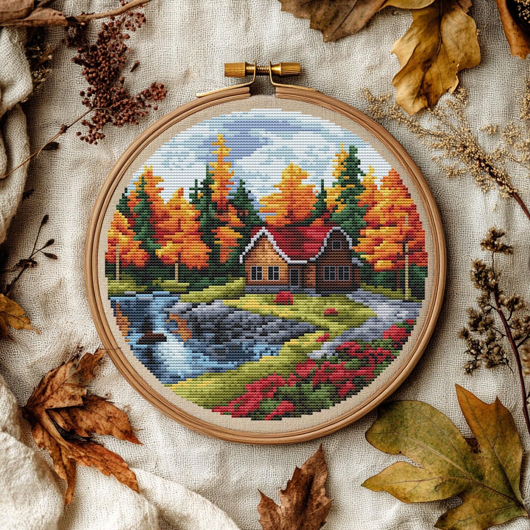 House in Forest Cross Stitch Pattern - Fall Counted Cross Stitch ...