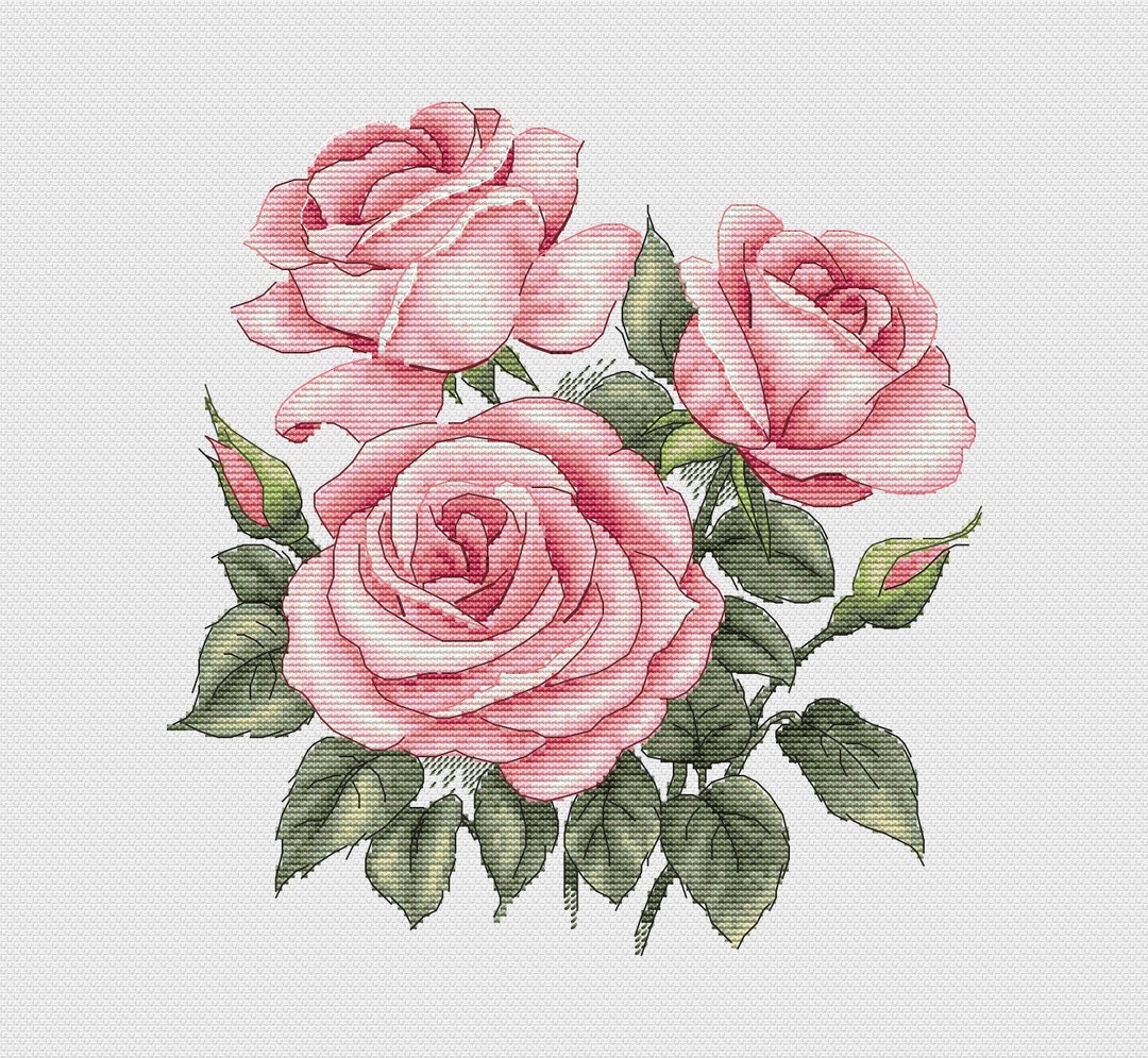 Pink Roses Cross Stitch Pattern - Summer Flowers Counted Cross Stitch ...