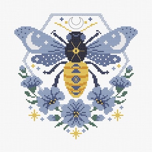 Bee Cross Stitch Pattern - Blue Flowers Counted Cross Stitch Chart - Instant Download PDF ...