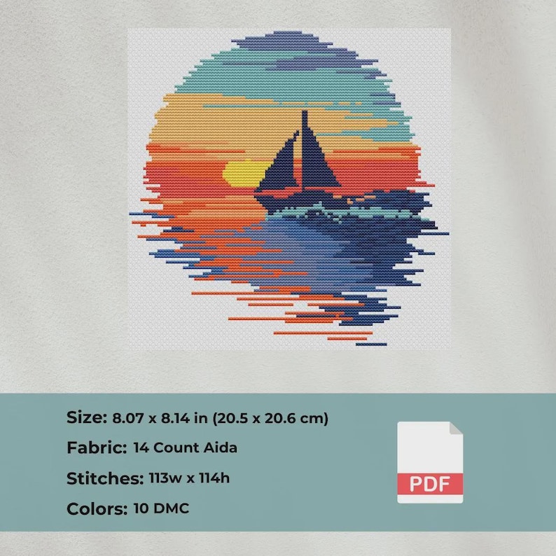 Sailboat Sunrise Cross Stitch Pattern: Easy Needlepoint Chart (PDF ...