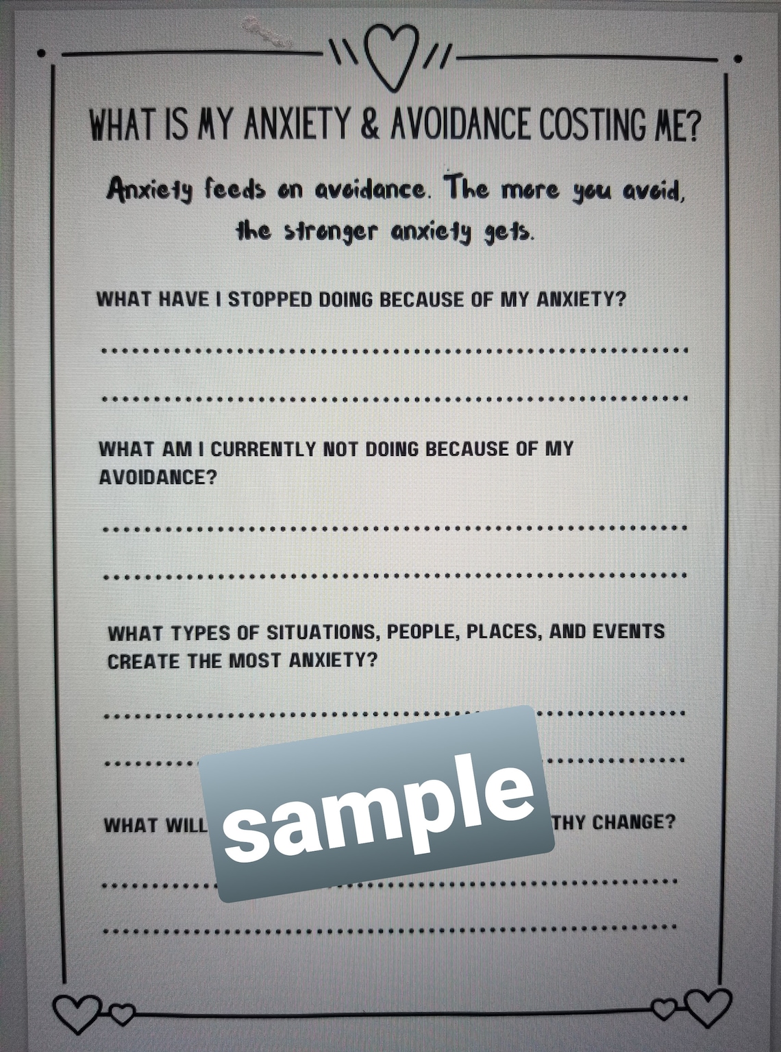 ANXIETY Management Worksheet "avoidance" Therapist Counselor Mental ...