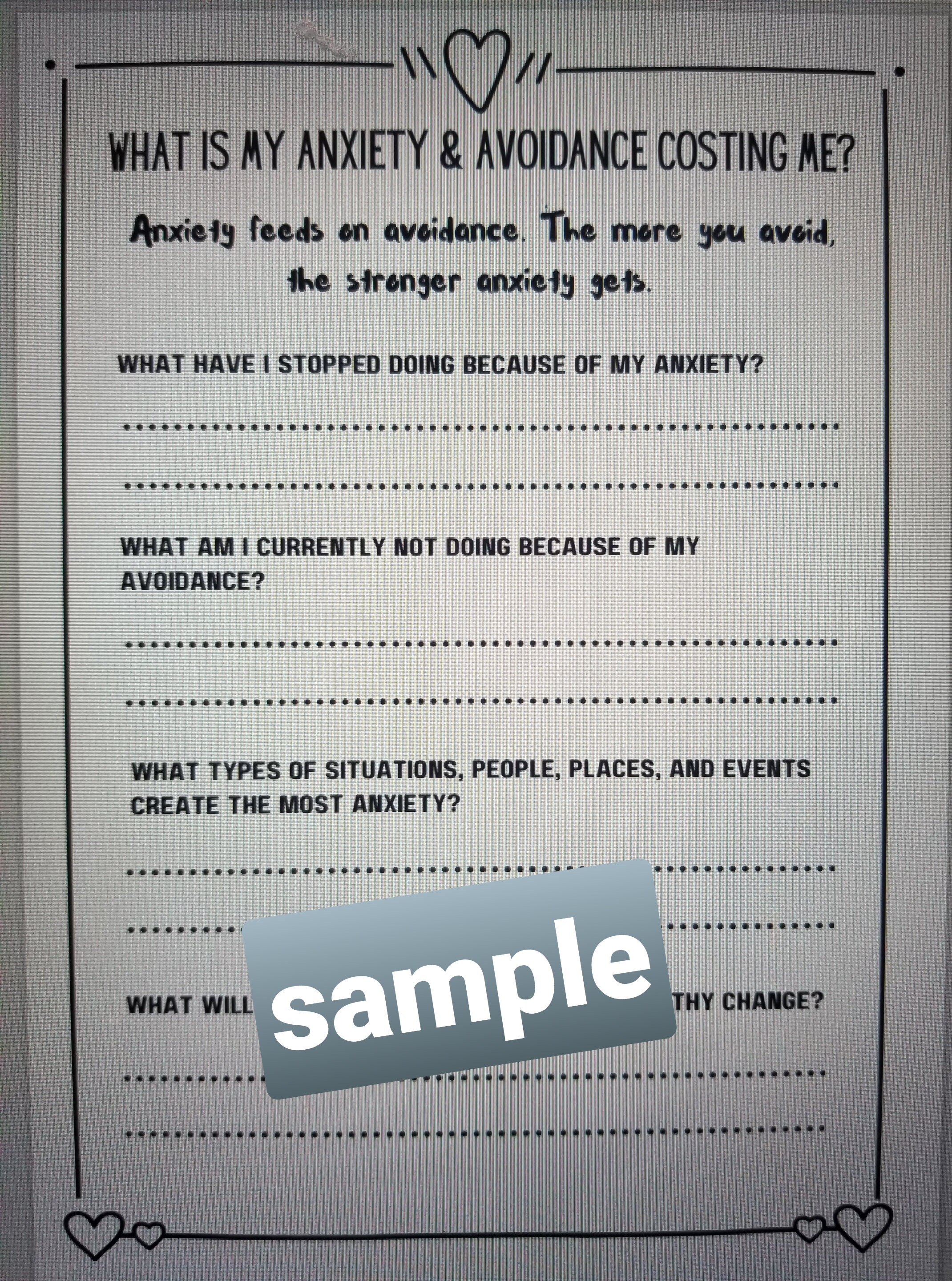 ANXIETY Management Worksheet "avoidance" Therapist Counselor Mental ...
