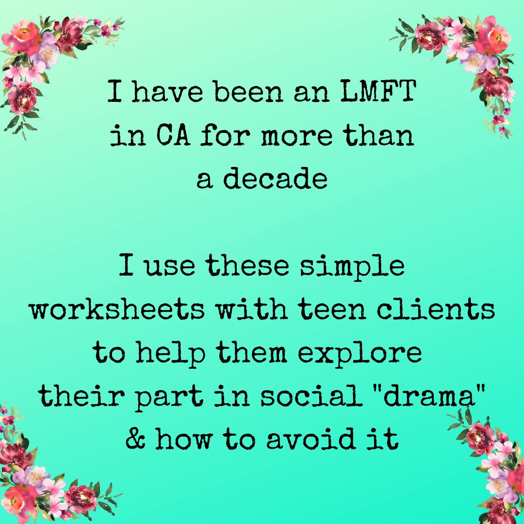 Therapist TEEN WORKSHEETS Counselor "avoid Drama" Therapy Tools Support ...