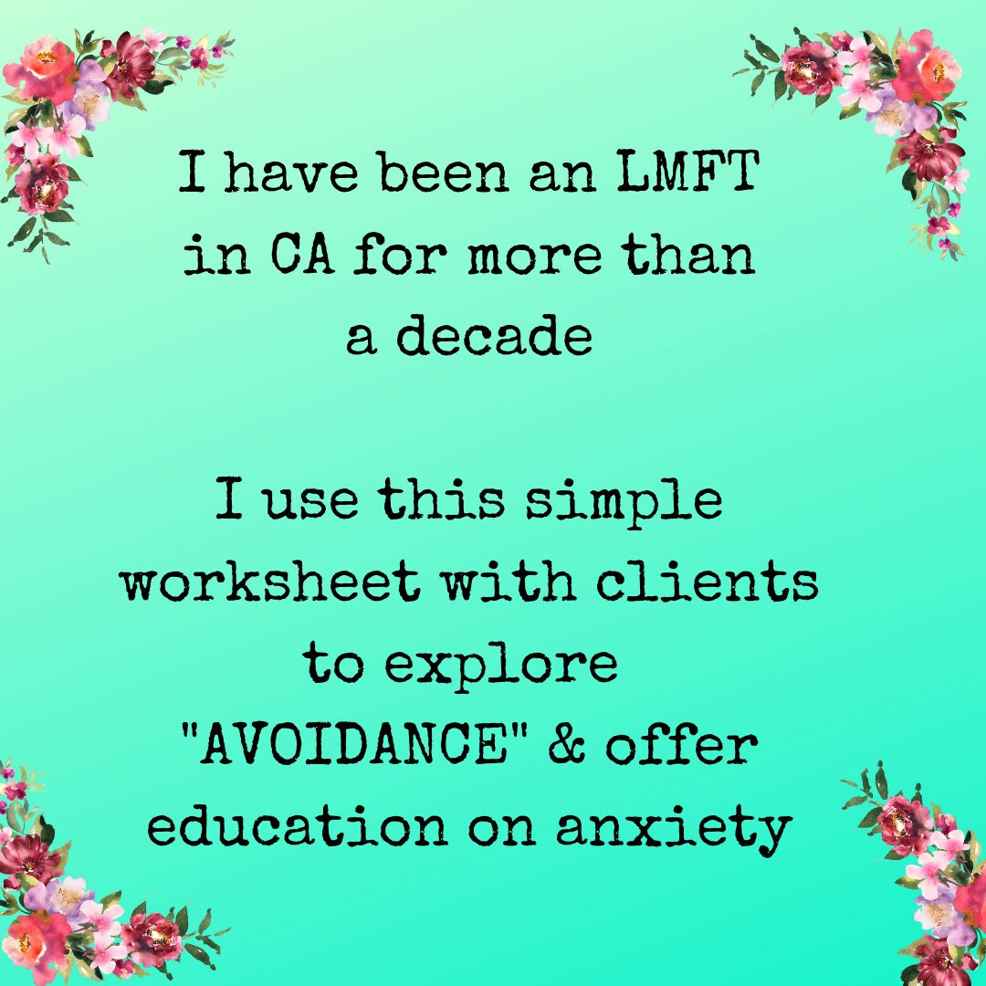 ANXIETY Management Worksheet "avoidance" Therapist Counselor Mental ...