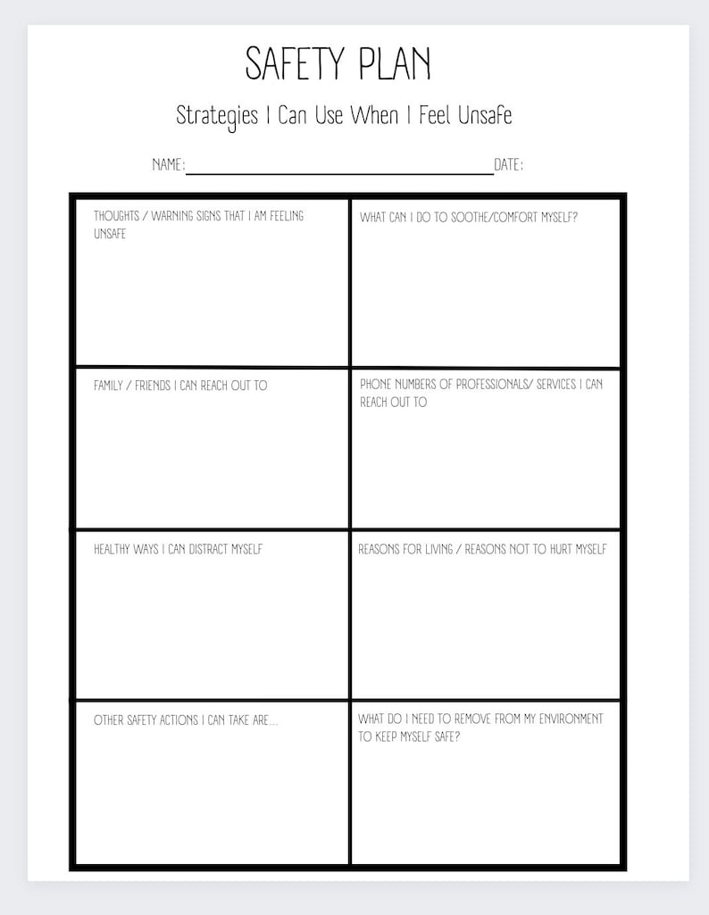 SAFETY PLAN for Therapist Counselor Mental Health Counseling Worksheet ...