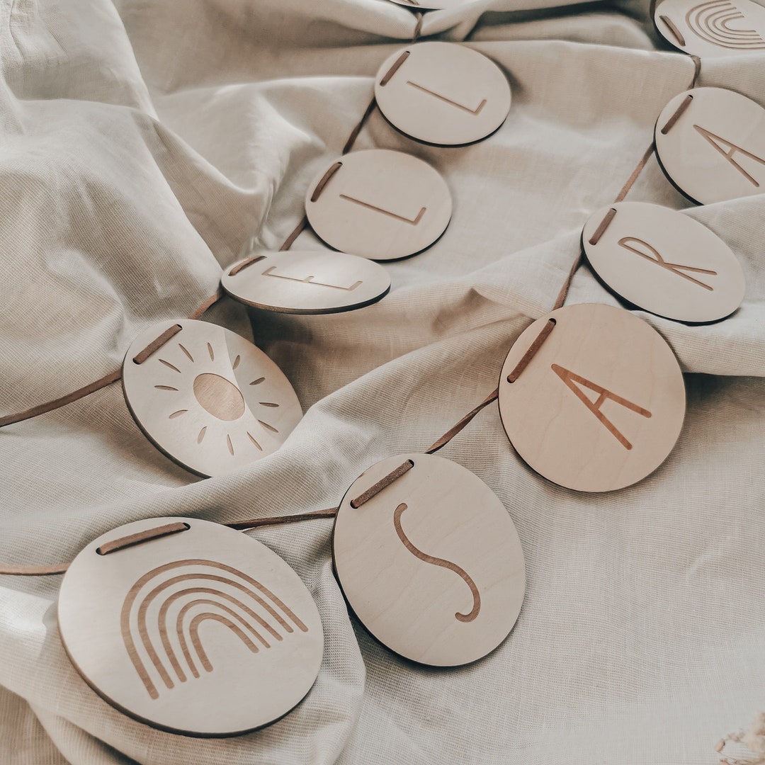 Name Garland Made of Wood Name Necklace Wooden Garland With Rainbow or ...
