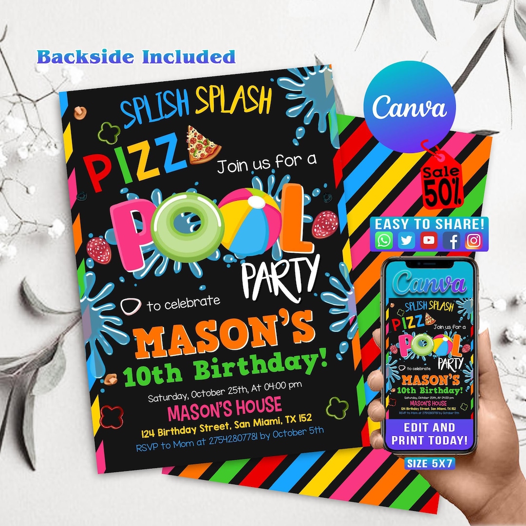 Pizza Pool Party Invitation, Boy Pool Party, Pizza and Pool Party ...