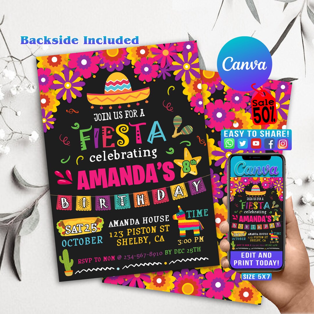 Fiesta Invitation, EDITABLE Invitation, Fiesta Birthday Chalkboard ...