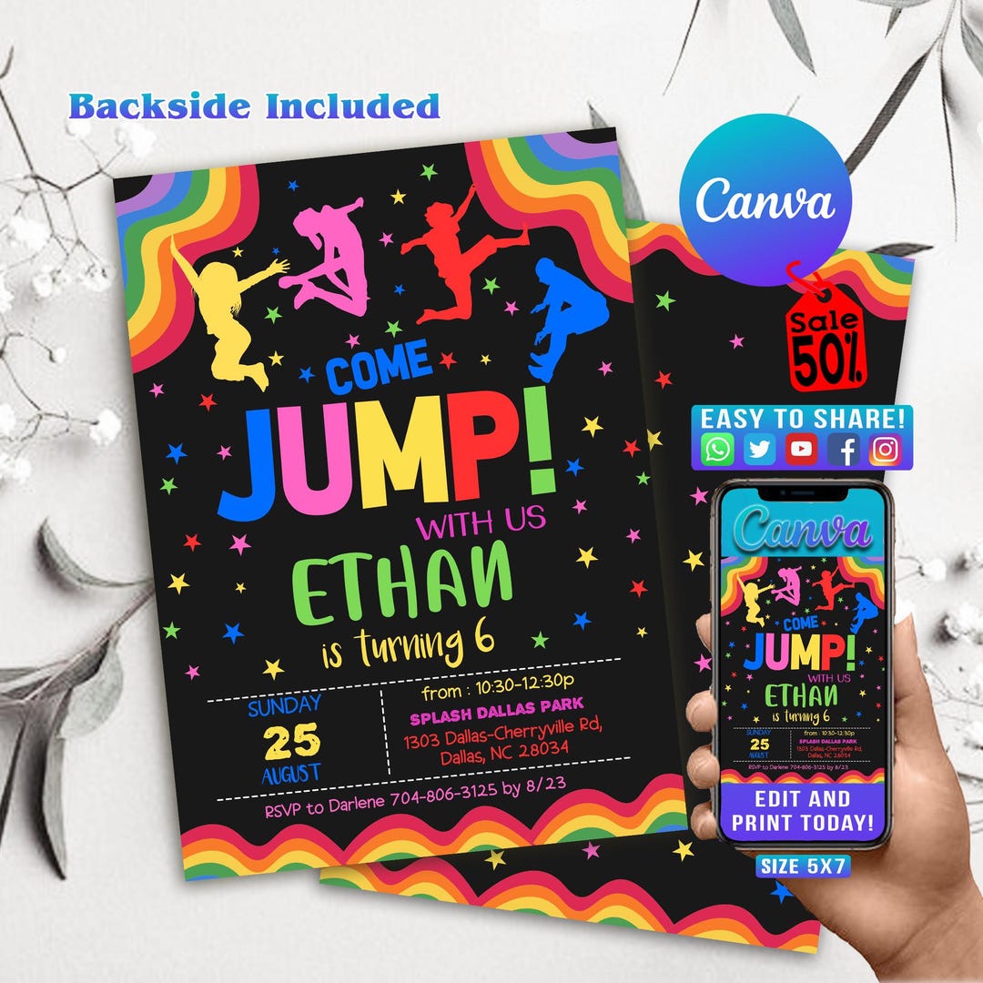 Jump Birthday Party Invite, Trampoline Card Invitation, Bounce House ...