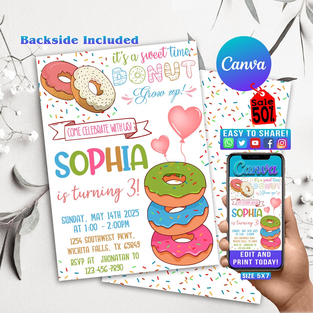 Editable Donut Invitation, Donut Birthday Invitation, Donut Template ...
