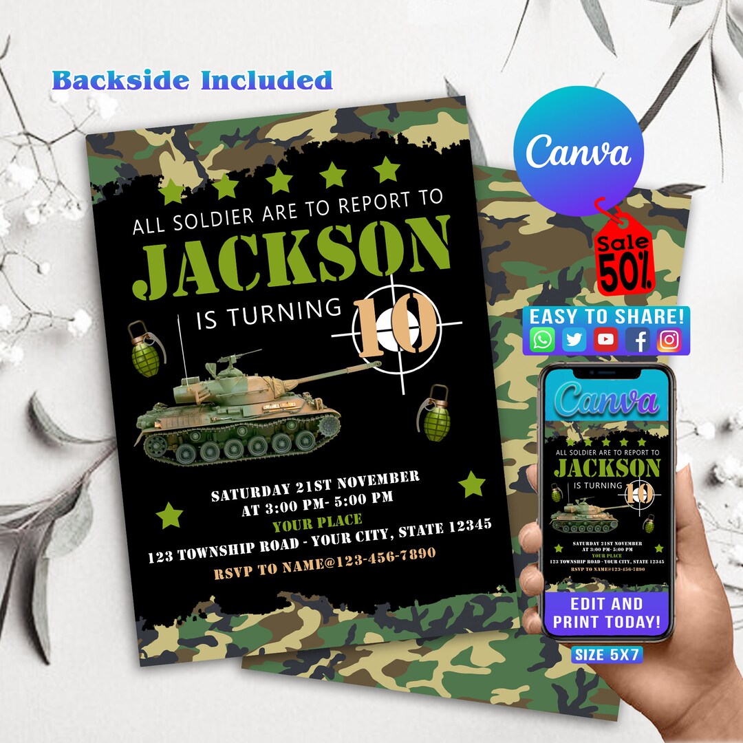 Editable Army Invitation, Army Birthday Invitation, Army Invitation ...