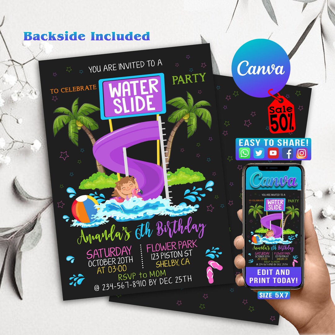 Water Slide Birthday Invitation, Waterslide Birthday Invitation, Water ...