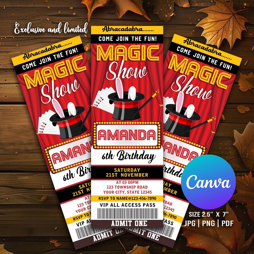 Magic Show Ticket Invitation, Printable File, Vintage Circus Birthday ...