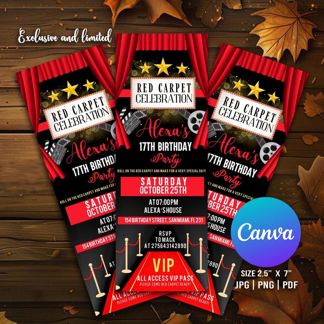 EDITABLE Red Carpet Ticket Invitation, Hollywood Movie Party Invite ...