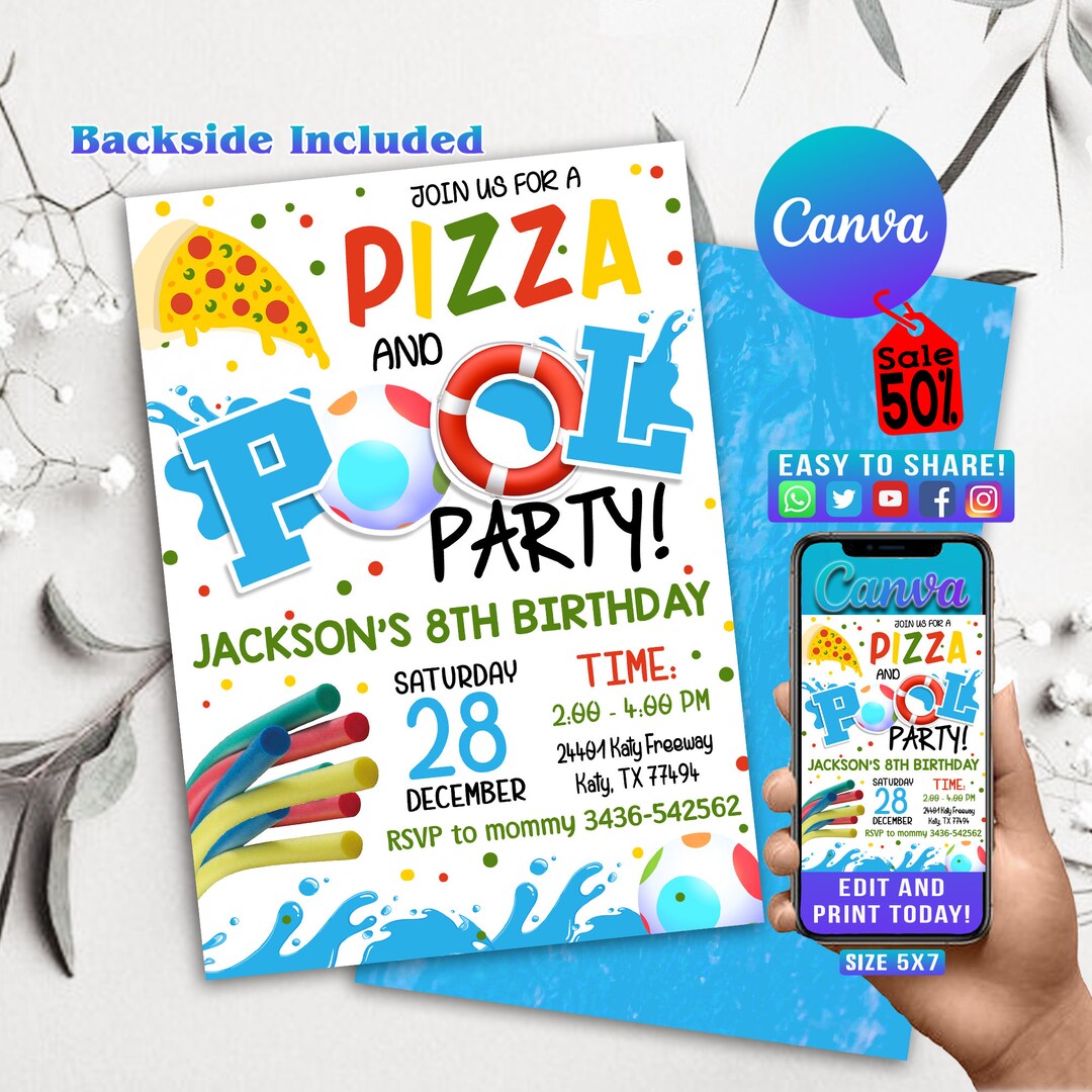 Pizza Pool Party Invitation, Boy Pool Party, Pizza and Pool Party ...