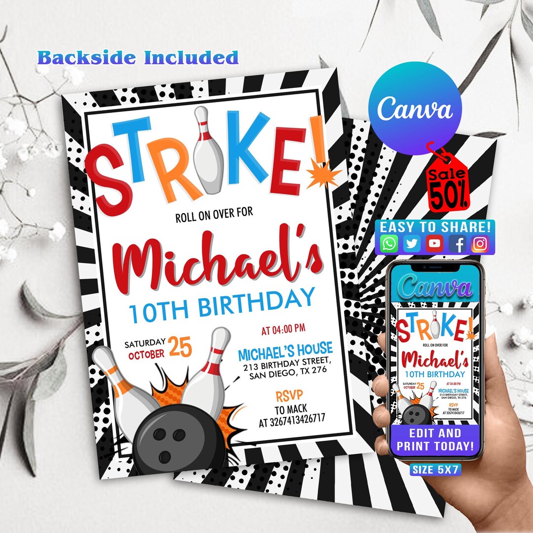 Editable Bowling Party Invitation, Editable Bowling Birthday Invitation ...