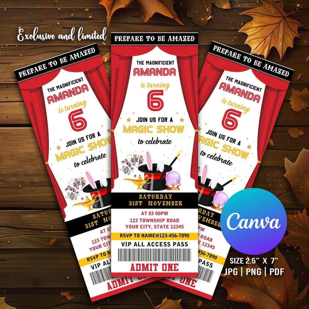 Magic Show Ticket Invitation, Printable File, Vintage Circus Birthday ...