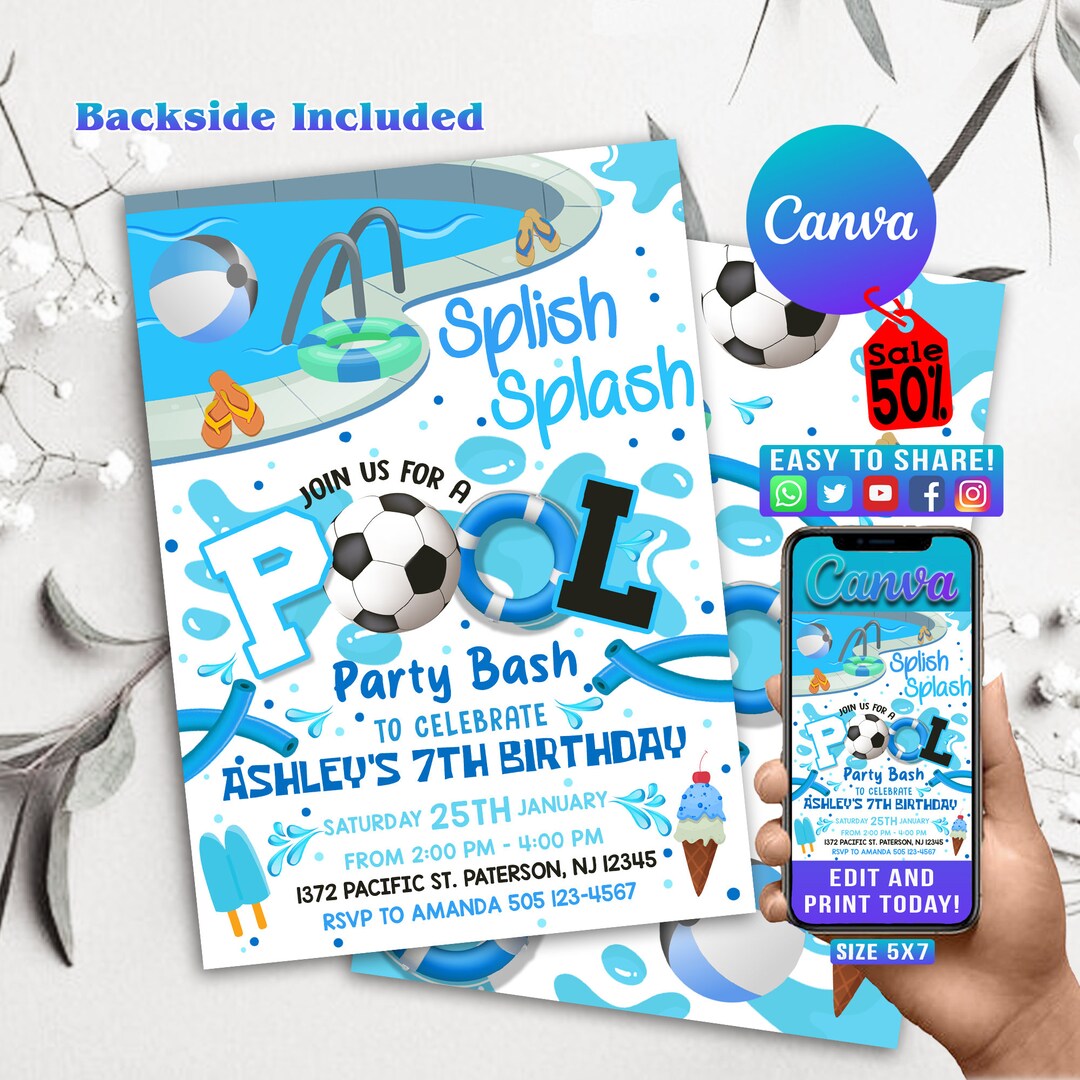 Editable Soccer Summer Pool Party Birthday Invitation - Sports Pool ...