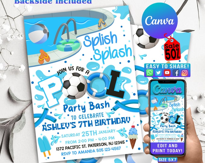 Editable Sports Balls Summer Pool Party Birthday Invitation ...