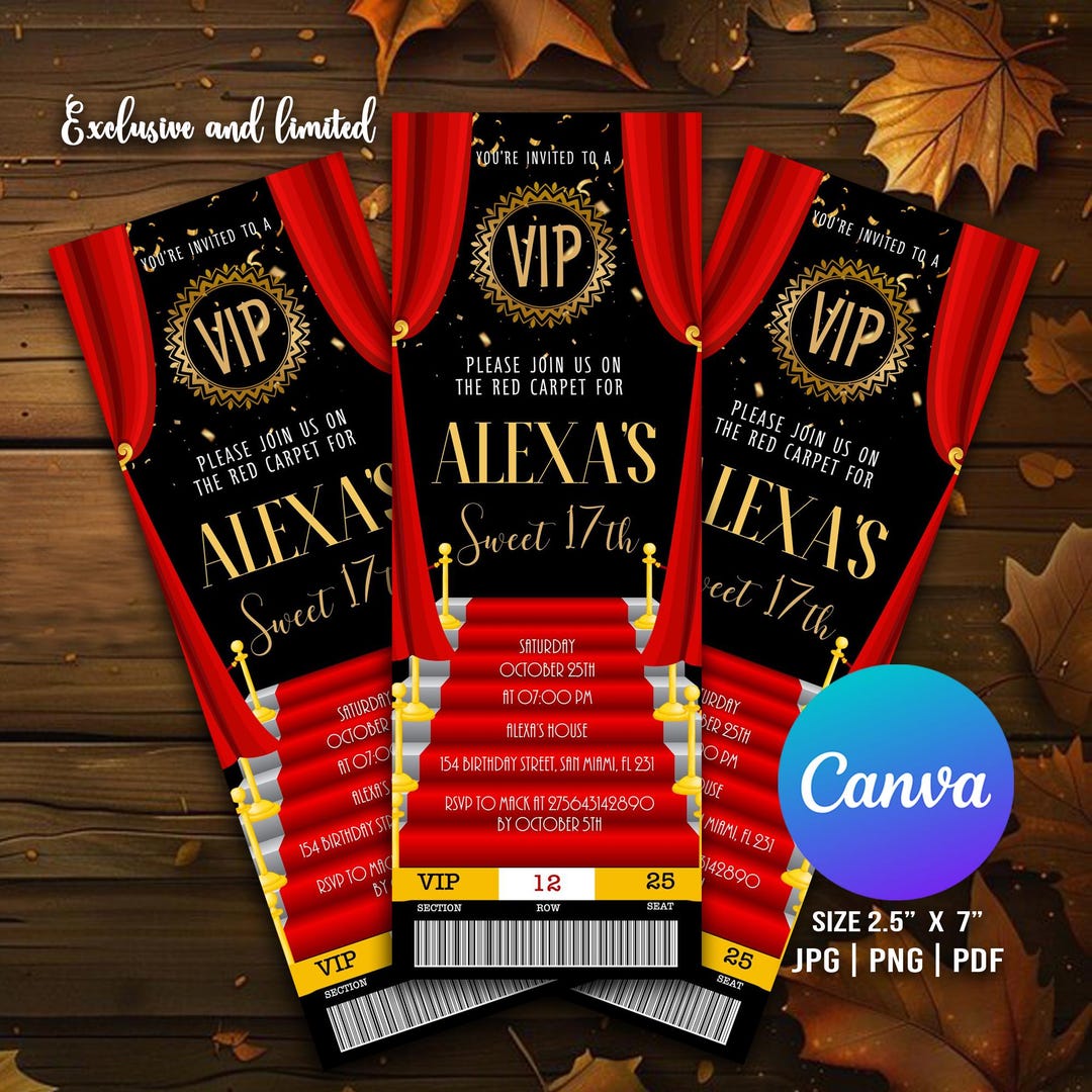 EDITABLE Red Carpet Ticket Invitation, Hollywood Movie Party Invite ...