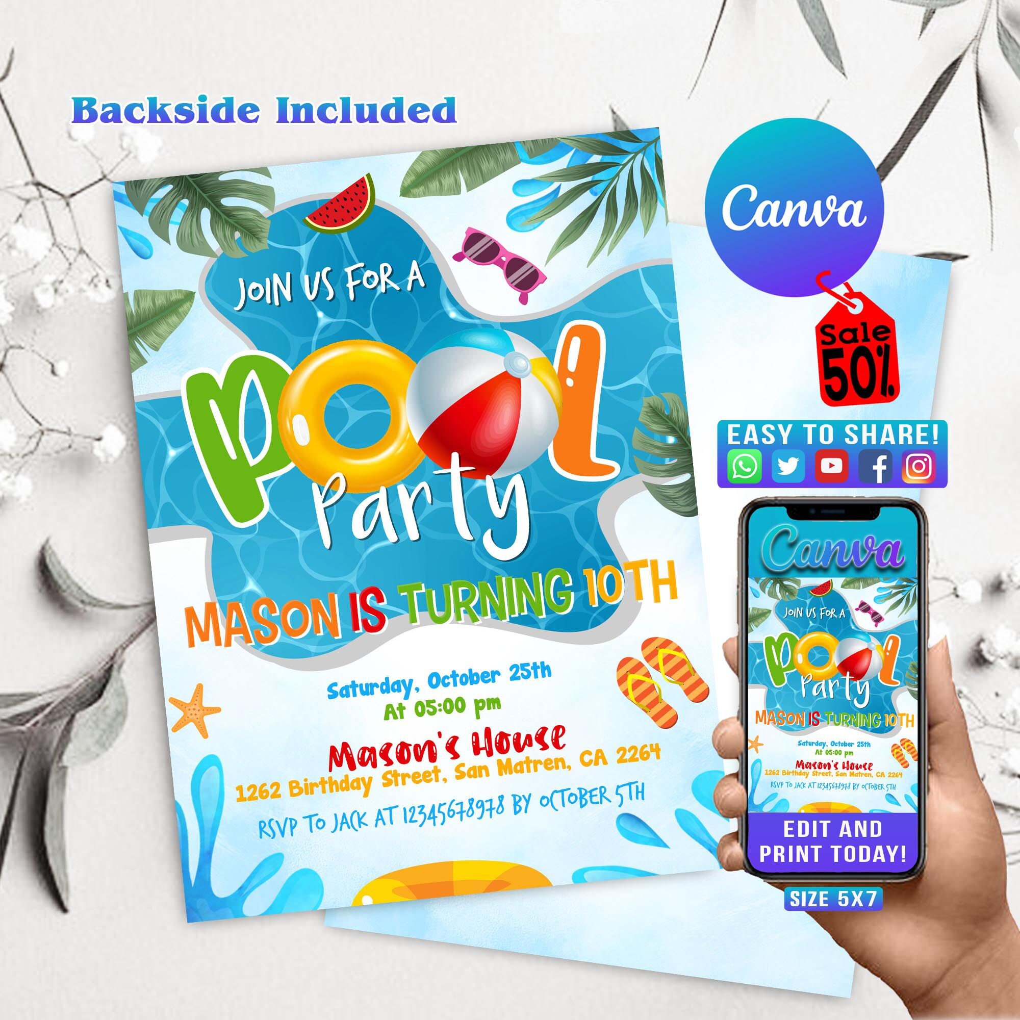 Editable Pool Party Invitation, Swim Party Invite, Tropical Birthday ...