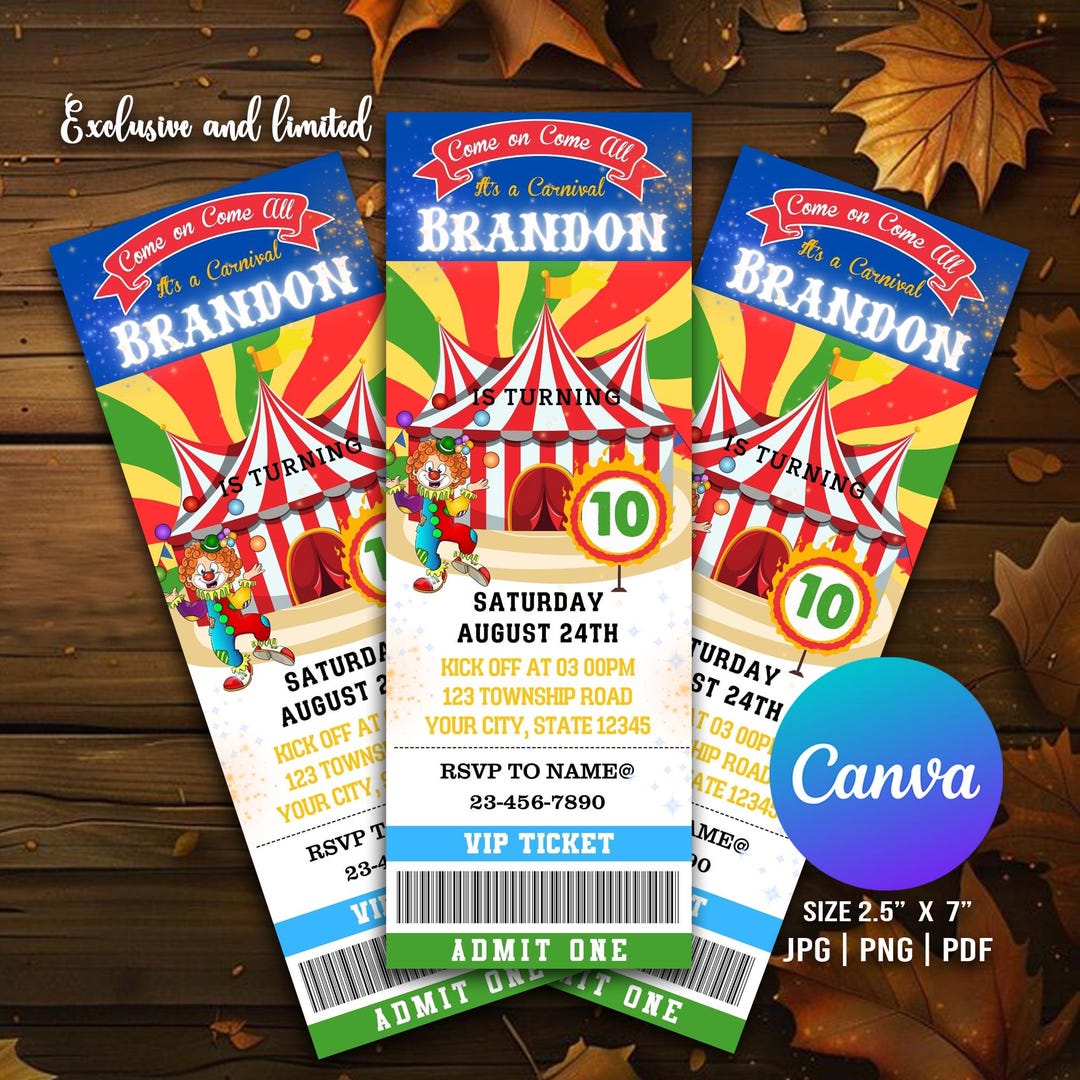 Carnival Ticket Birthday Invitation, Circus Party, Circus Invitation ...