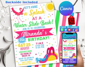 Editable Water Slide Party Birthday Invitation Glowing Tie Dye Summer ...