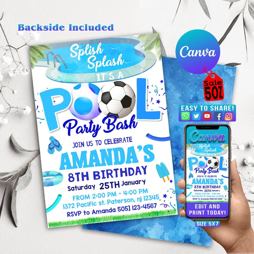 Editable Soccer Summer Pool Party Birthday Invitation, Sports Pool ...