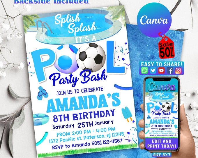 Editable Sports Balls Summer Pool Party Birthday Invitation ...