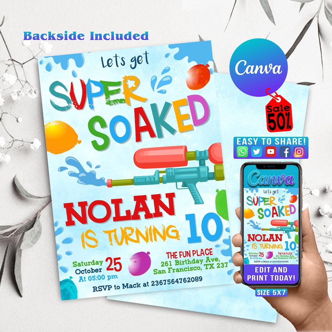Editable Water Gun Birthday Invitation, Water Gun Invitation, Splash ...