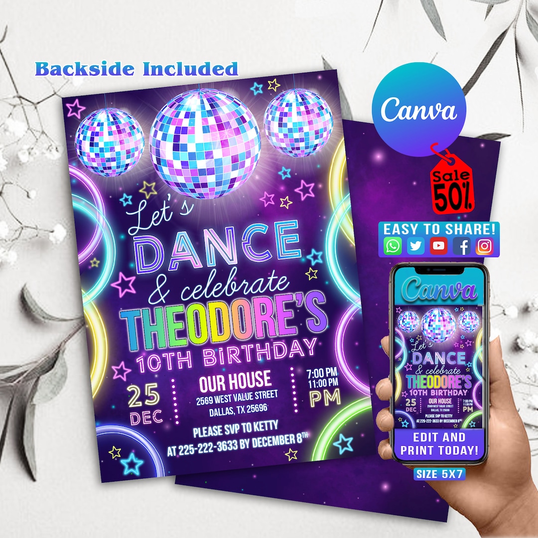 Editable Dance Party Invitation Tie Dye Dance Party Invitation Glow Tie ...