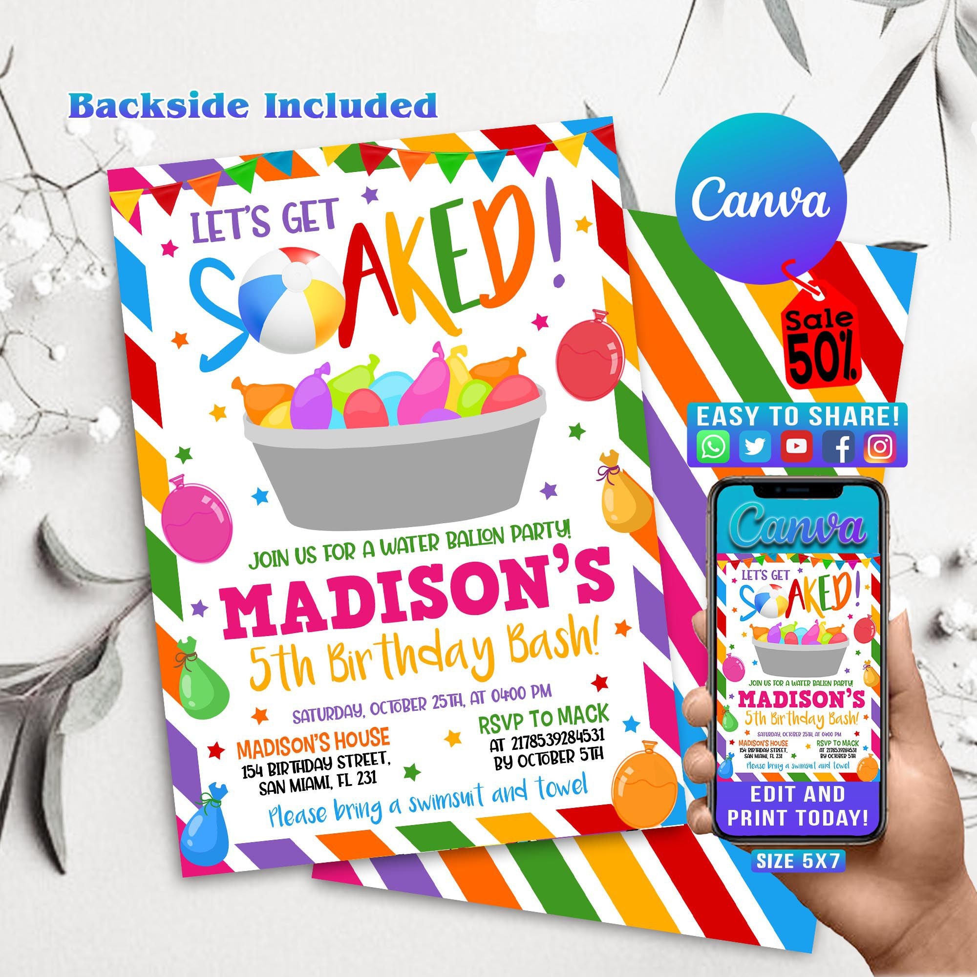 Water Balloon Birthday Invitation EDITABLE, Water Splash Party ...