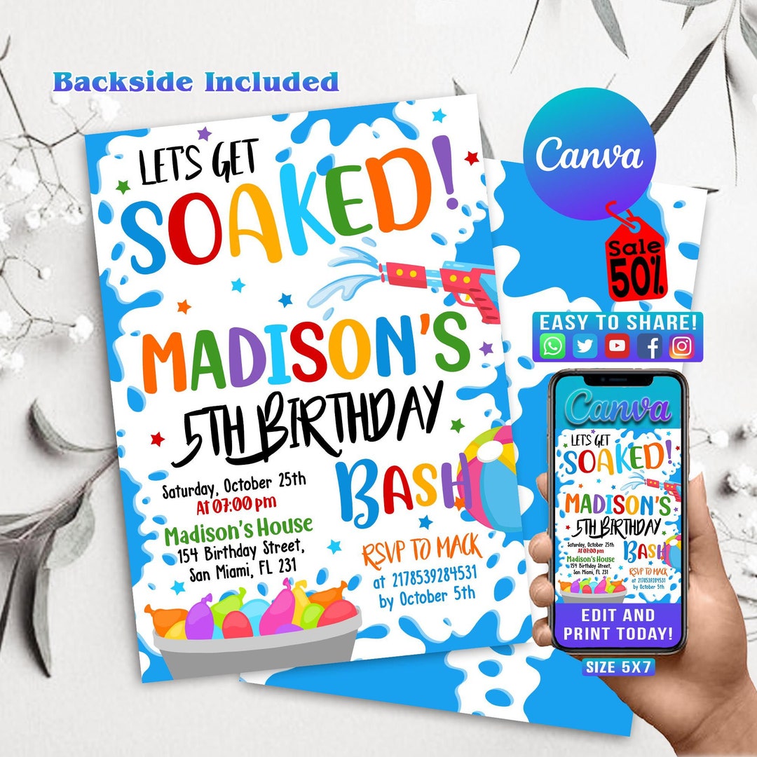 Editable Water Gun Birthday Invitation, Water Gun Invitation, Splash ...