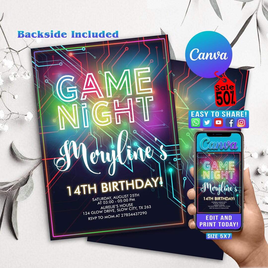 Game Night Invitation, Editable Game Night Neon Glow Birthday Party ...