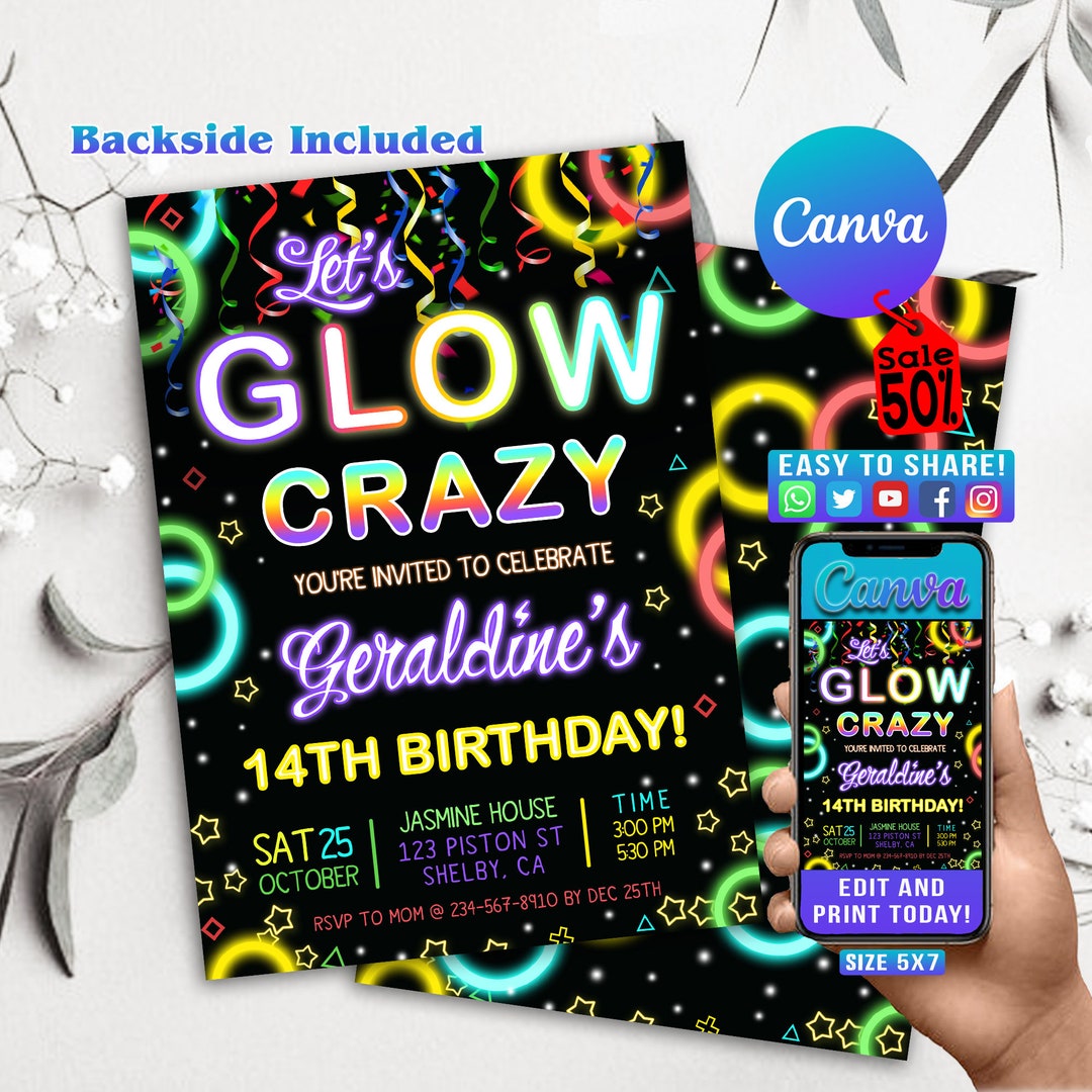 Glow Birthday Invitation Glow Invitation Neon Glow Invitation Neon Glow ...
