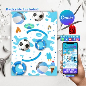 Editable Soccer Summer Pool Party Birthday Invitation - Sports Pool ...