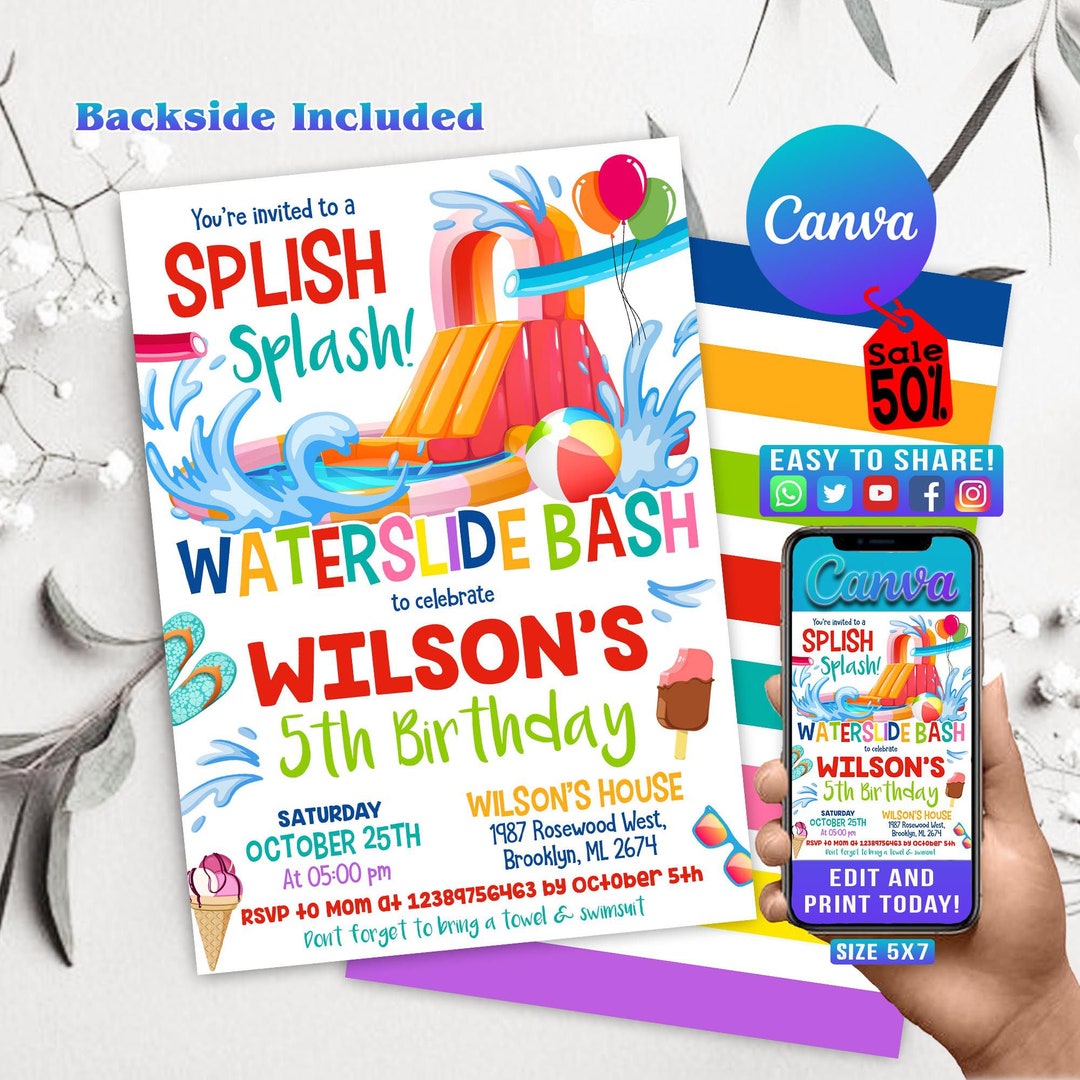 Editable Water Slide Birthday Splash Party Invitation, Waterslide Bash ...