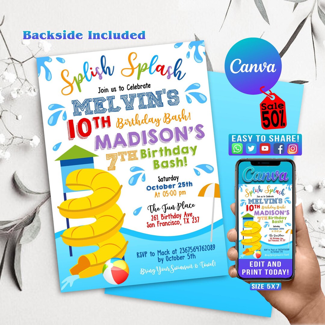 Editable Water Slide Birthday Splash Party Invitation, Waterslide Bash ...