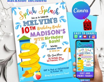 Splish Splash Waterslide Birthday Bash Invitation Water Slide Summer Kids Party Blue Green ...