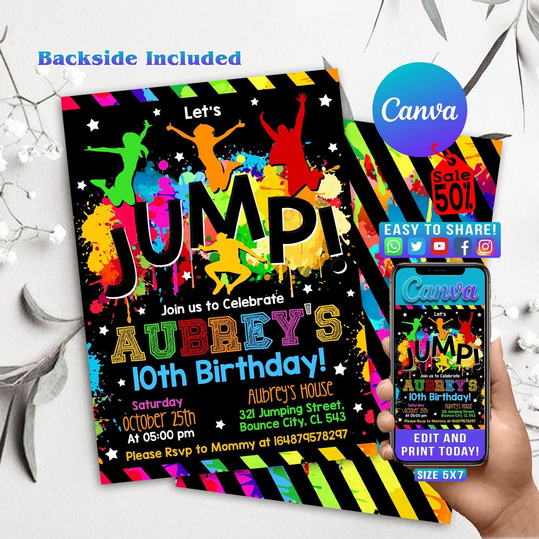 Jump Birthday Invitation, Jump Invitation, Editable Kids Trampoline ...