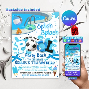 Editable Soccer Summer Pool Party Birthday Invitation - Sports Pool ...