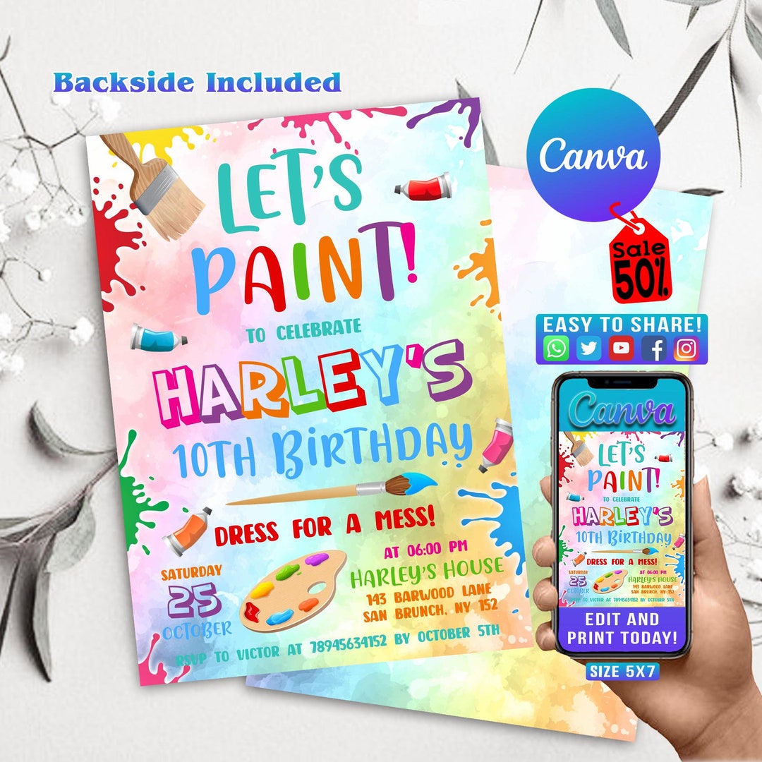Editable Painting Birthday Party, Colorful, Paint Party, Art Birthday ...