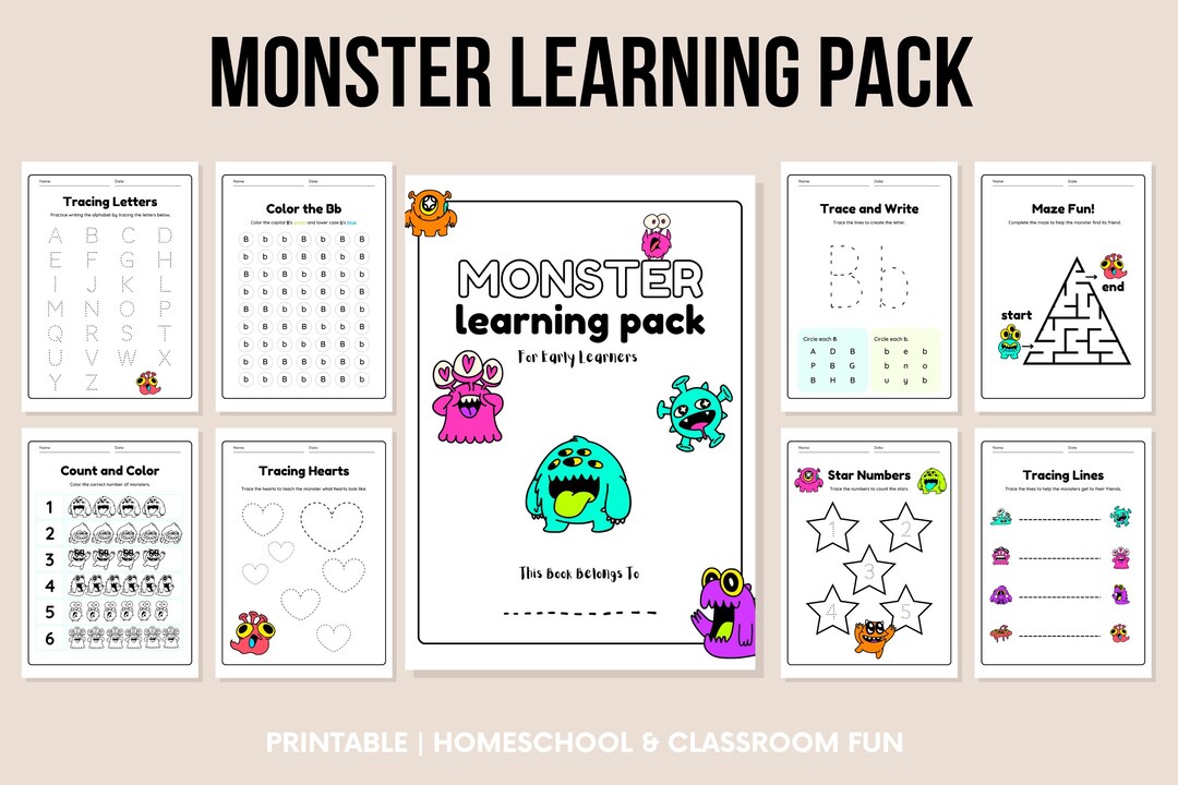 Monster Learning Pack Alphabet, Numbers, Colors, Shapes Printable Early ...