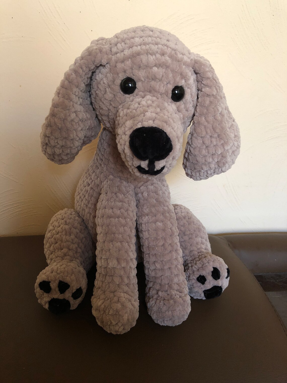 Sitting Plush Dog in Beige, Head and Hind Legs Movable, Crocheted From ...
