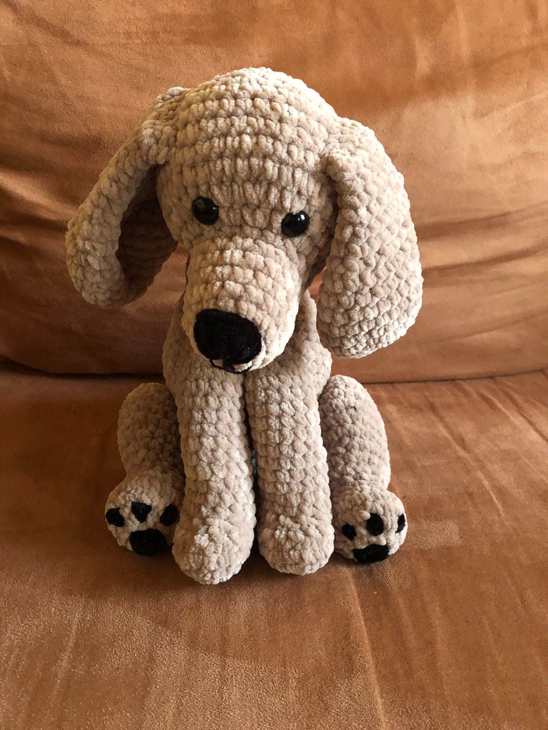 Sitting Plush Dog in Beige, Head and Hind Legs Movable, Crocheted From ...