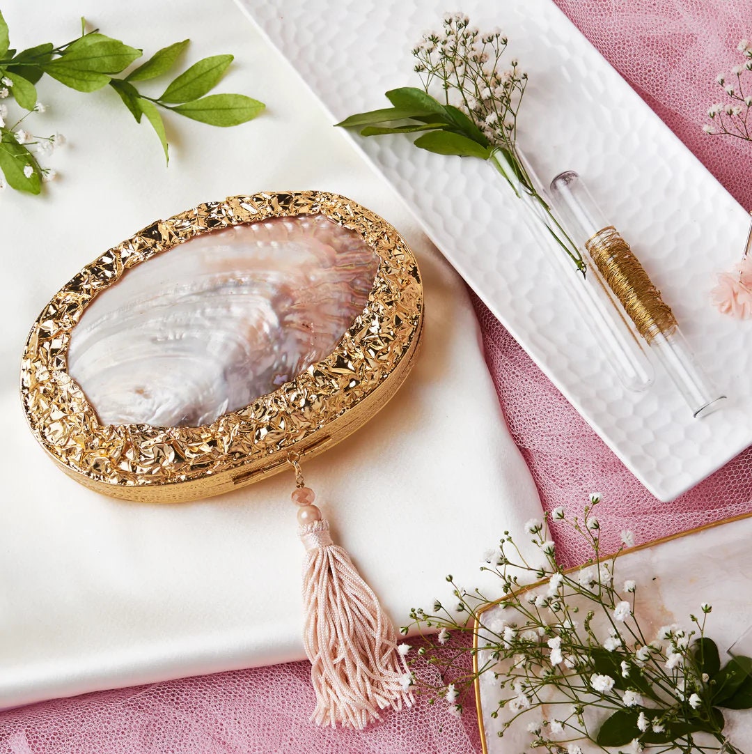 100% Original Sea Shell Inlaid Brass Handcrafted Clutch Bag Wedding ...